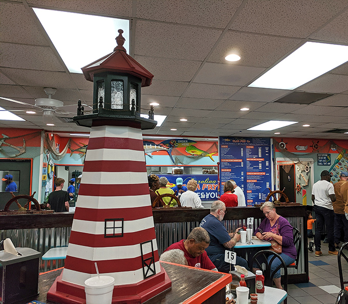 The lighthouse doesn't just guide the d&eacute;cor&mdash;it stands sentinel over serious seafood enjoyment and casual family moments.