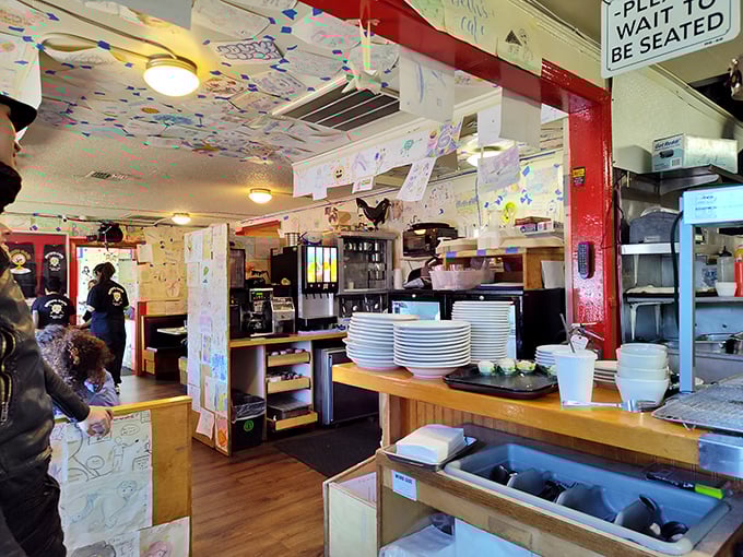 The open kitchen and paper-adorned walls create the perfect backdrop for conversations that flow as freely as the coffee.