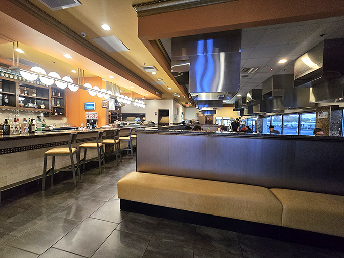 Modern meets traditional in this dining space where gentle lighting and clean lines create the perfect backdrop for flavor fireworks.