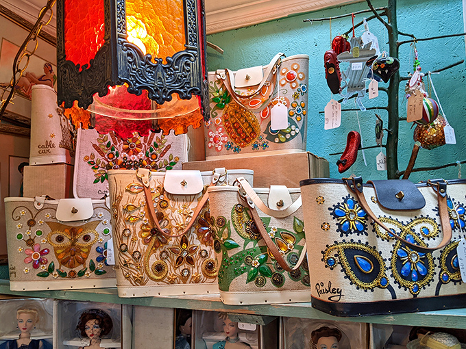 Beaded handbags line up like contestants in a vintage beauty pageant&mdash;each one more elaborately adorned than the last.