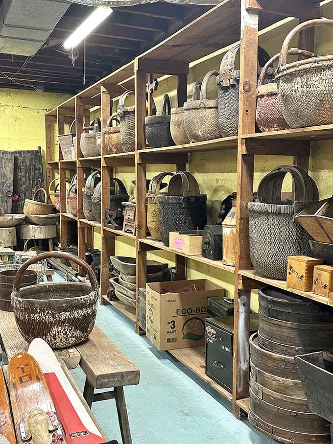 Handwoven baskets stacked like nesting dolls of history&mdash;each one representing countless hours of craftsmanship from a less hurried era.