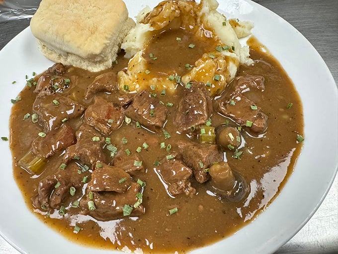 Beef tips swimming in rich gravy alongside cloud-like mashed potatoes&mdash;comfort food that hugs you from the inside out.