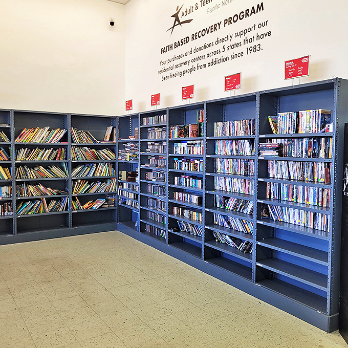 The book section doubles as a time machine, where forgotten bestsellers and dog-eared classics find their way to new nightstands.