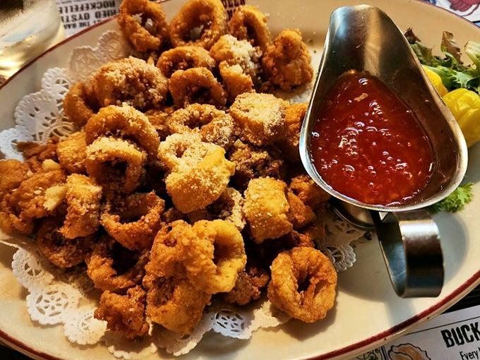 Calamari that shatters the myth that seafood can't be comfort food. These golden rings with marinara are the ocean's answer to onion rings.