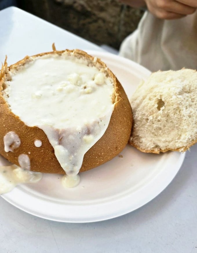 Clam chowder served in a sourdough bread bowl&mdash;California's delicious answer to the age-old question: "Can I eat my dishes?"v