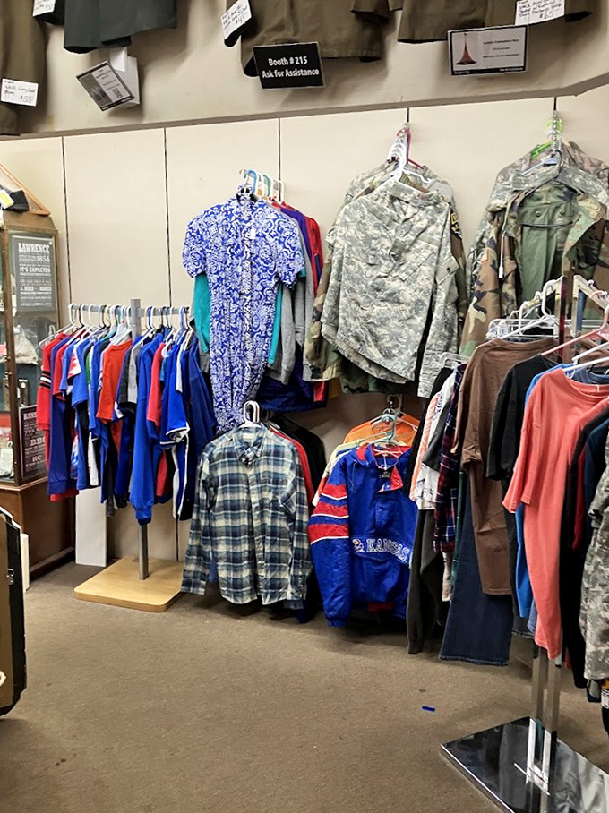 Fashion time travel! Military uniforms hang alongside Hawaiian shirts, each garment carrying the invisible imprint of its previous owner.