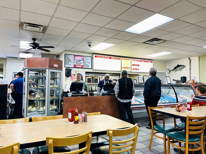 The counter&mdash;where seafood dreams begin and diet plans end. Watch the staff work with the precision of a well-rehearsed ballet.