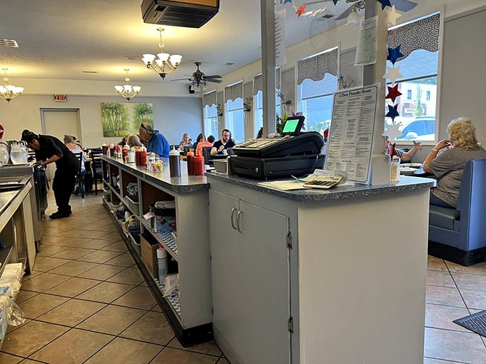 The command center of breakfast operations, where servers orchestrate the morning symphony of coffee pours and plate deliveries.