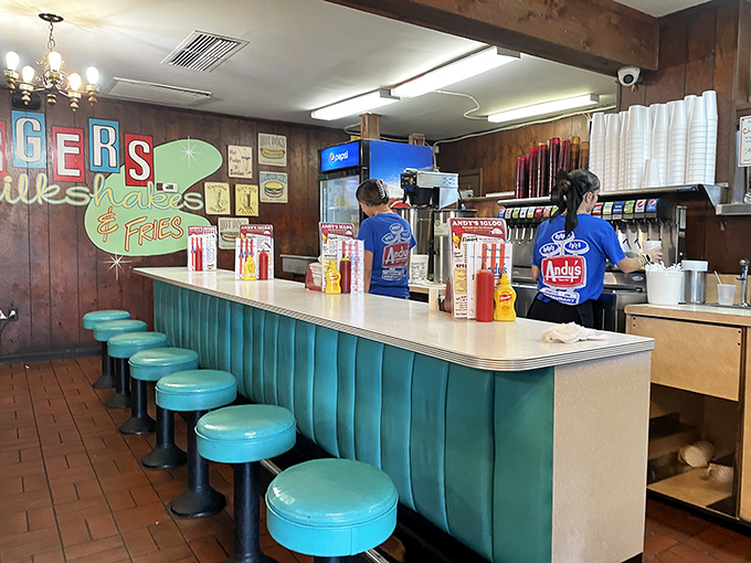 The counter where magic happens&mdash;turquoise stools waiting for regulars and first-timers alike to pull up and become part of Andy's ongoing story.