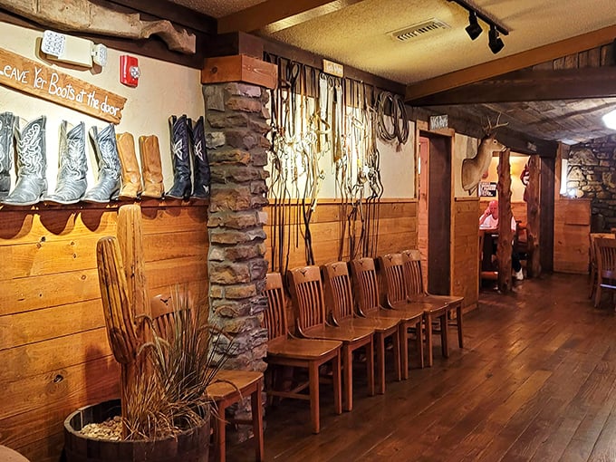 The waiting area showcases boots made for walking&mdash;right up to your table where the real Western adventure begins on your plate.