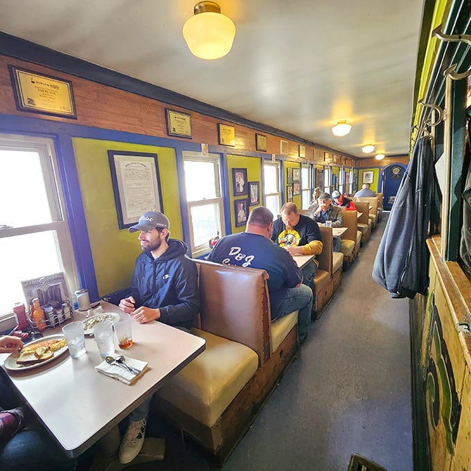 Railroad dining car seating that transports you to a simpler time. Eating breakfast while technically on a train&mdash;without the motion sickness!