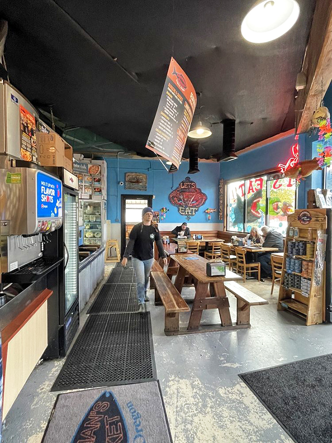 Blue walls and wooden tables create that perfect "you're at the coast" vibe, even though you're in Eugene. Atmosphere you can taste.