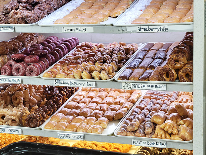 Rows upon rows of donut varieties, like a bakery version of those "choose your fighter" screens in video games.
