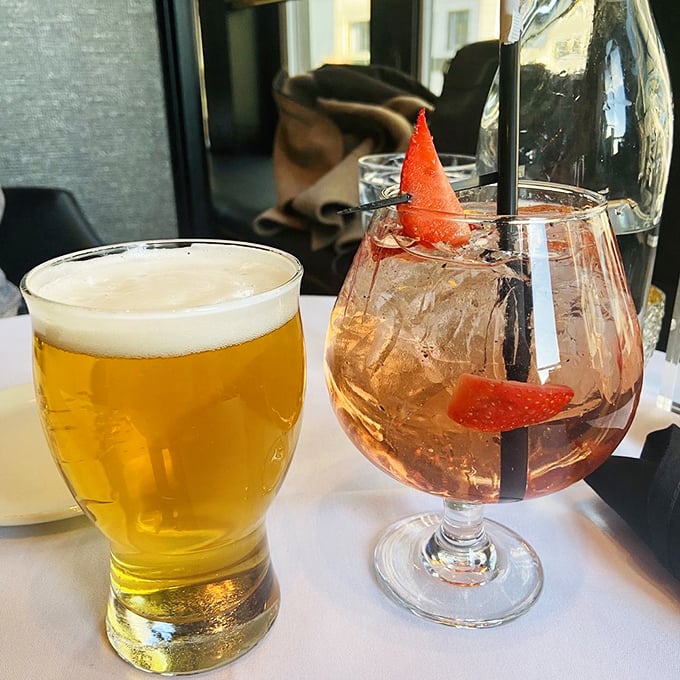 Liquid happiness in two forms: golden craft beer for the traditionalist and a blush-pink cocktail for those embracing their sophisticated side.