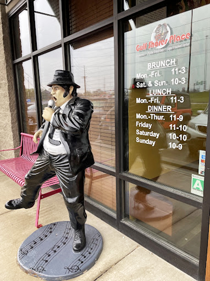 Even Jake Blues can't resist stopping for some Gulf Coast flavor. The pink bench adds that perfect touch of flamingo-inspired flair.