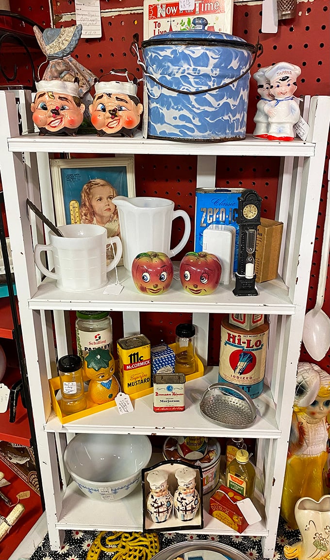 Smiling chef figurines and blue enamelware&mdash;kitchen collectibles that make modern appliances look soulless by comparison.