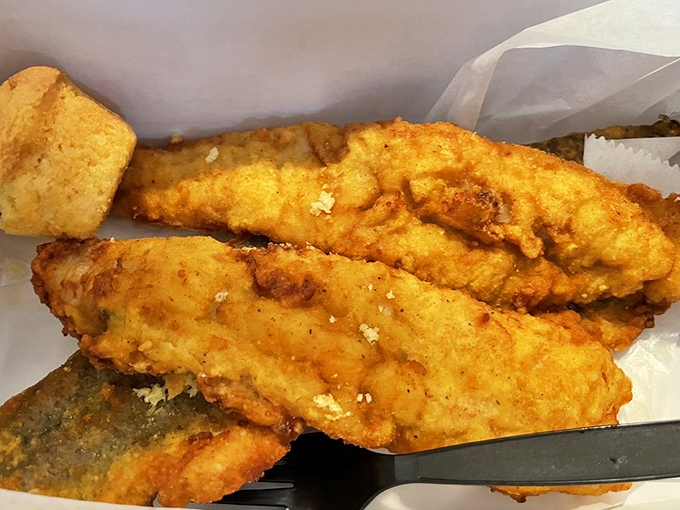 Fried fish that would make coastal towns jealous—golden, flaky, and perfectly seasoned proof that this place isn't just about chicken.