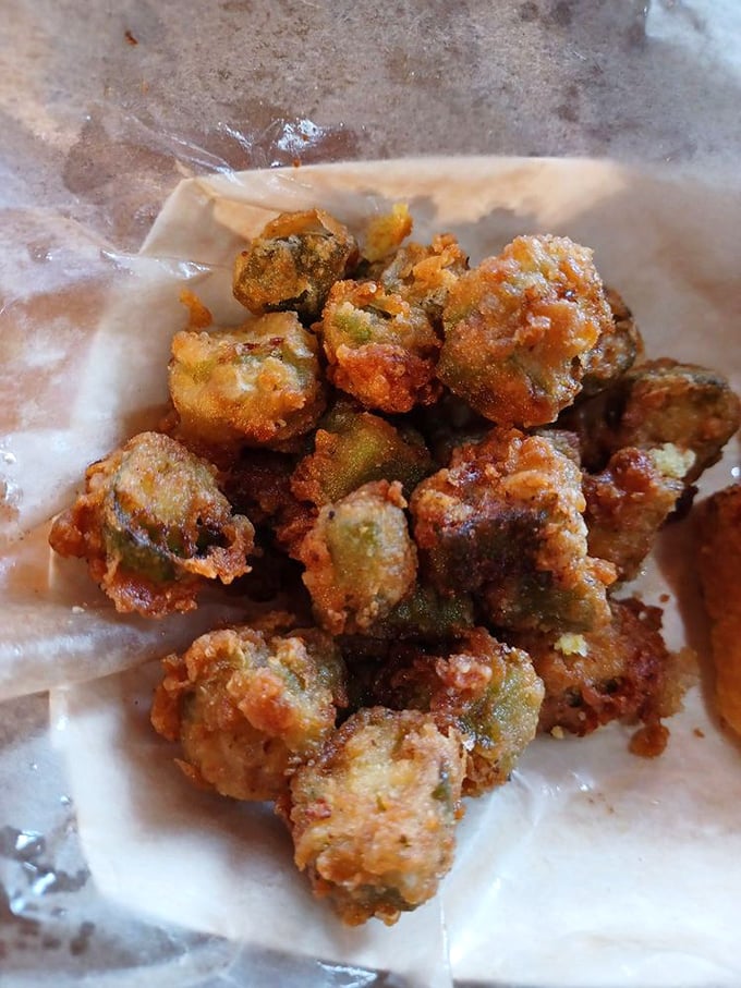 Fried okra nuggets&mdash;Southern comfort in bite-sized form, with a crunch that announces itself to everyone within earshot.