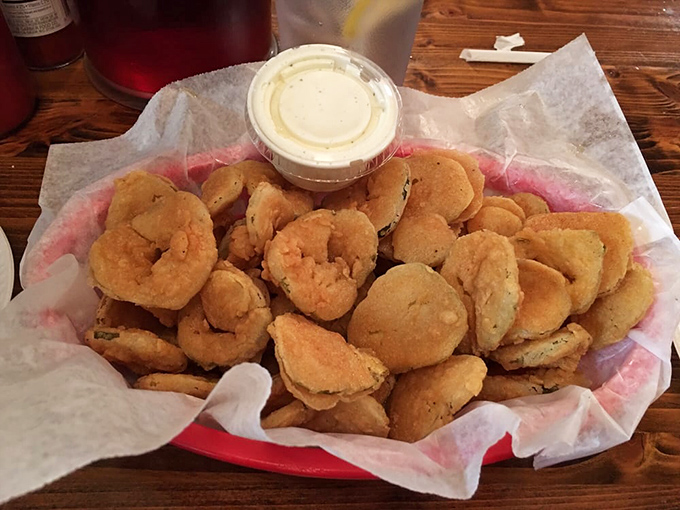 Fried pickles that crunch like autumn leaves&mdash;tangy, golden-brown discs that make you question why anyone bothers with plain pickles anymore.