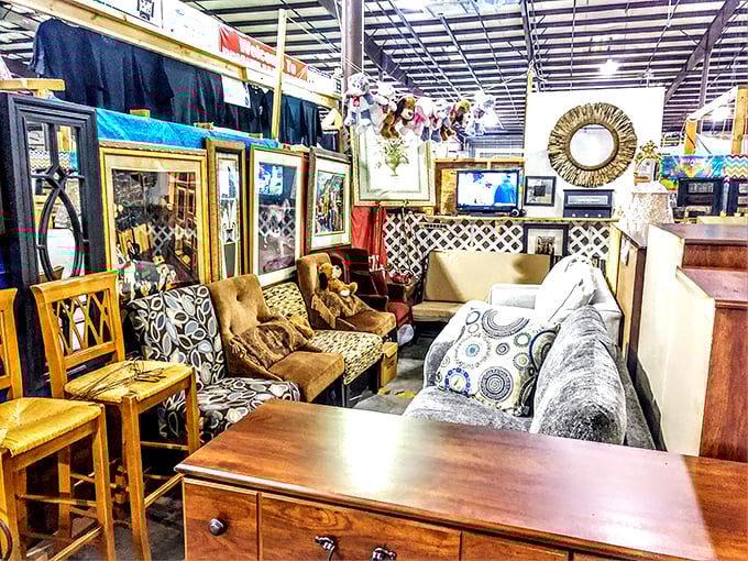 Furniture vignettes create impromptu living rooms, where you can momentarily imagine these pieces telling stories in your own home.