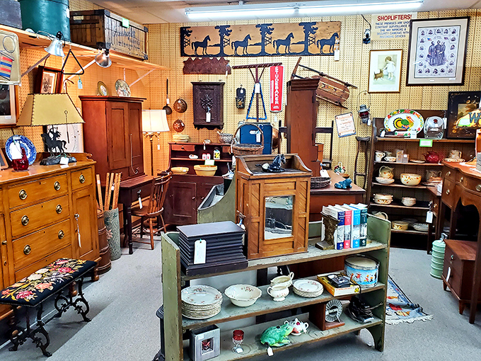 A dealer's booth arranged like the living room you wish you had. That horse weathervane would make even non-equestrians consider redecorating.