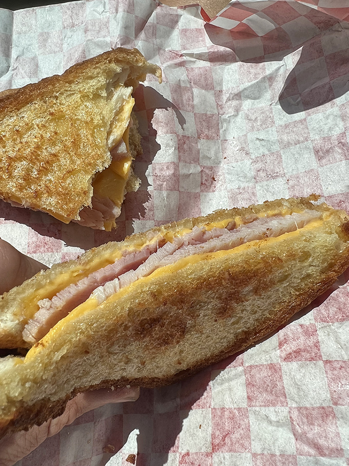 A grilled cheese sandwich that achieves the perfect ratio of bread-to-cheese meltiness. Wrapped in checkered paper like the simple gift to humanity it is.