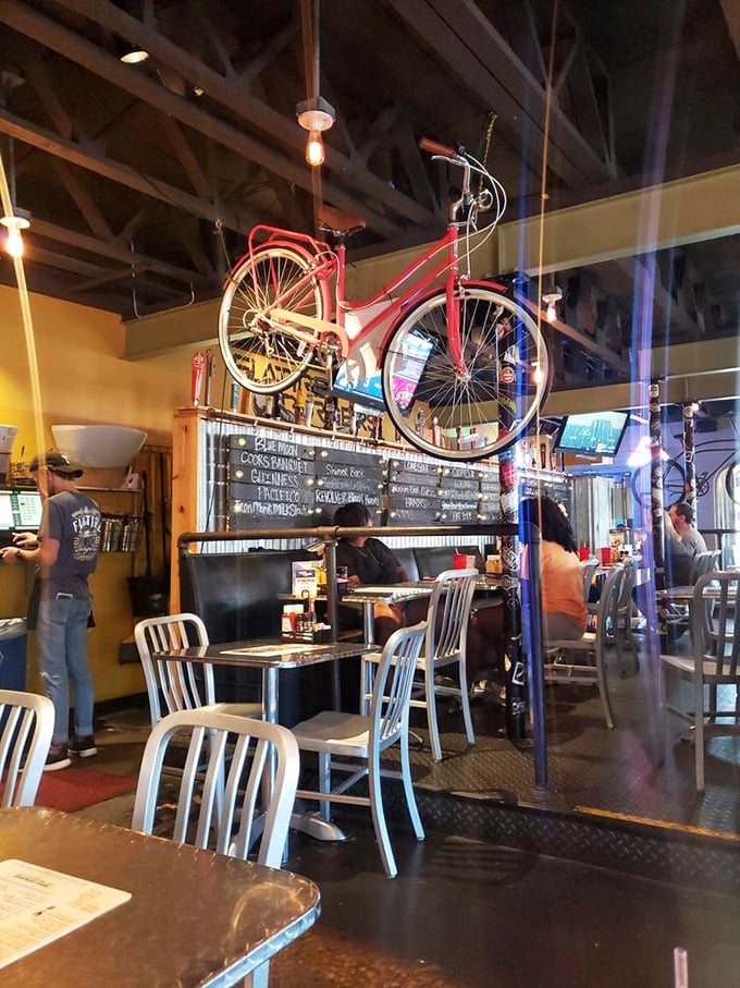 The hanging bicycle isn't just decor—it's a reminder that you'll need some exercise after indulging in Flatire's epic offerings.