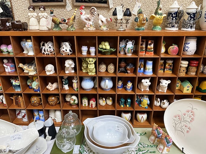 Salt and pepper shakers&mdash;the gateway drug of collecting. This display case houses hundreds of tiny ceramic duos that somehow escaped kitchen drawers nationwide.
