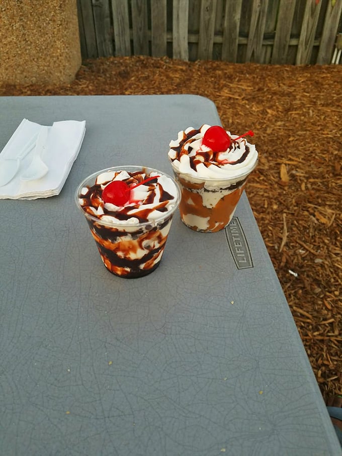 Hot fudge sundaes with that classic paper-cup charm. The cherry on top isn't just garnish&mdash;it's a promise of simpler, sweeter times.