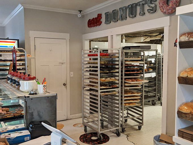 Behind the scenes where the donut magic happens. Like Willy Wonka's factory, but with less singing and more sprinkles.