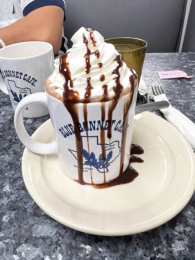This isn't just hot chocolate—it's a towering monument to the proposition that whipped cream and chocolate sauce are basic human rights.