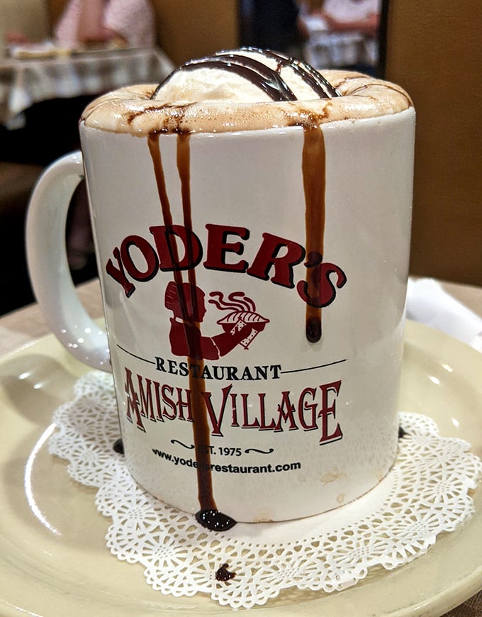 Hot chocolate that's dressed better than most people, with chocolate and caramel drizzles creating edible fashion statements down the mug's sides.