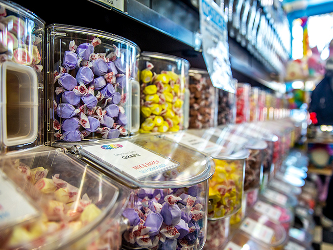 The candy display case: where self-control goes to die and childhood memories come alive in technicolor glory.