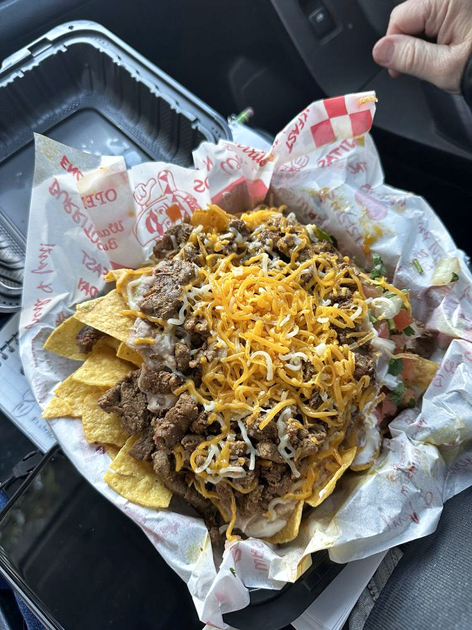 Nachos that understand the importance of proper cheese distribution. No sad, naked chips hiding at the bottom of this plate!