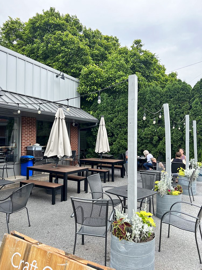 The outdoor seating area, where string lights and fresh air enhance every bite. Pennsylvania summers were made for mornings like this.
