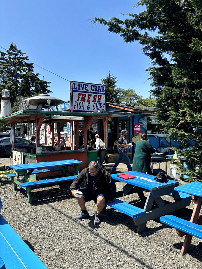 Brightly painted picnic tables invite you to savor the moment and the meal. Oregon's outdoor dining at its most honest.