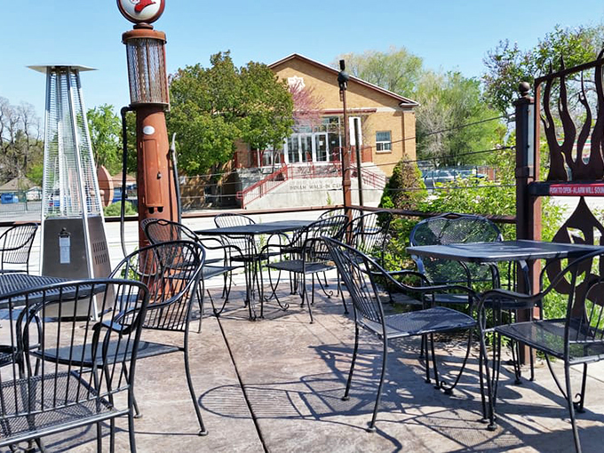 Vintage gas pump meets outdoor seating area. The perfect spot to recover from your delicious food coma on a sunny Utah day.