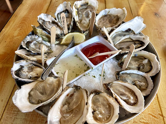 A dozen glistening oysters arranged in a perfect circle&mdash;nature's shot glasses filled with the briny essence of the Chesapeake. Slurp with pride.