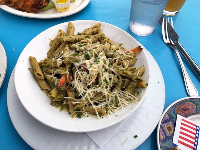 Pasta doesn't typically scream "beach food," but this herb-flecked, veggie-studded plate makes a compelling argument for coastal carb-loading.