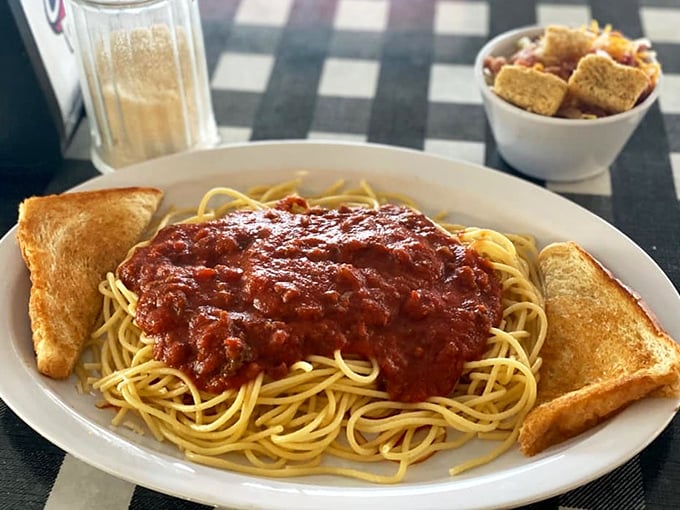 Spaghetti with meat sauce that doesn't pretend to be Italian&mdash;just honest, hearty, and exactly what you wanted without knowing it.
