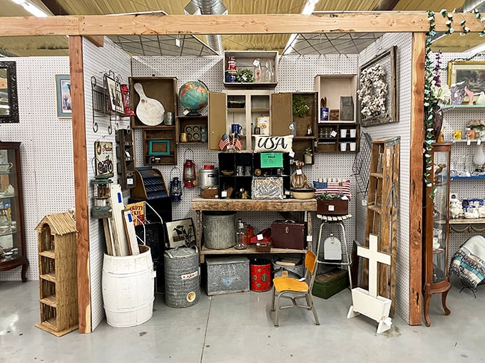 From galvanized tubs to rustic crates, this farmhouse-themed booth celebrates Oklahoma's agricultural roots with items that are both decorative and functional.