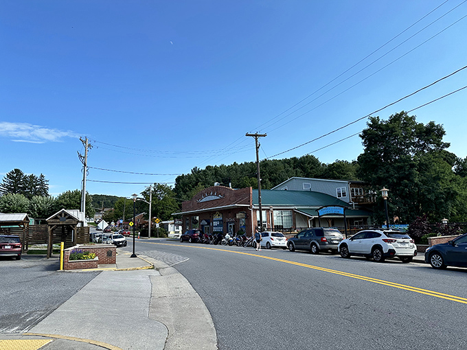 Blue skies frame Floyd's compact downtown, where parked cars outnumber stoplights and mountain views await around every corner.