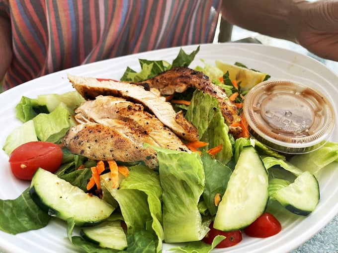 A salad that doesn't feel like punishment. Fresh greens, perfectly seasoned chicken, and vegetables that actually taste like vegetables.