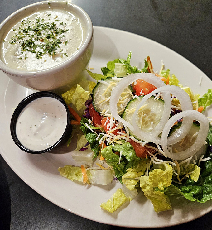 Even salads get the Driftwood treatment&mdash;fresh, generous, and served with the kind of dressing that makes vegetables worth eating.