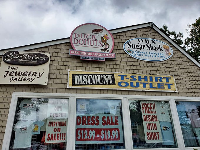 Where vacation shopping priorities align perfectly. Jewelry, t-shirts, and donuts&mdash;the holy trinity of Outer Banks retail therapy.