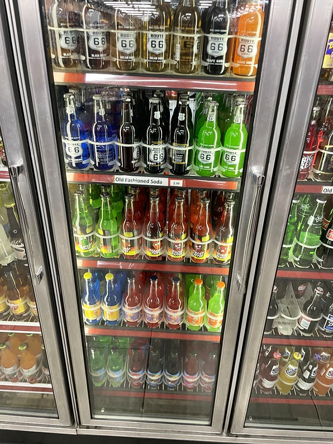Route 66 sodas gleaming like jewels in a refrigerated treasure chest. Suddenly, modern beverages seem terribly boring by comparison.