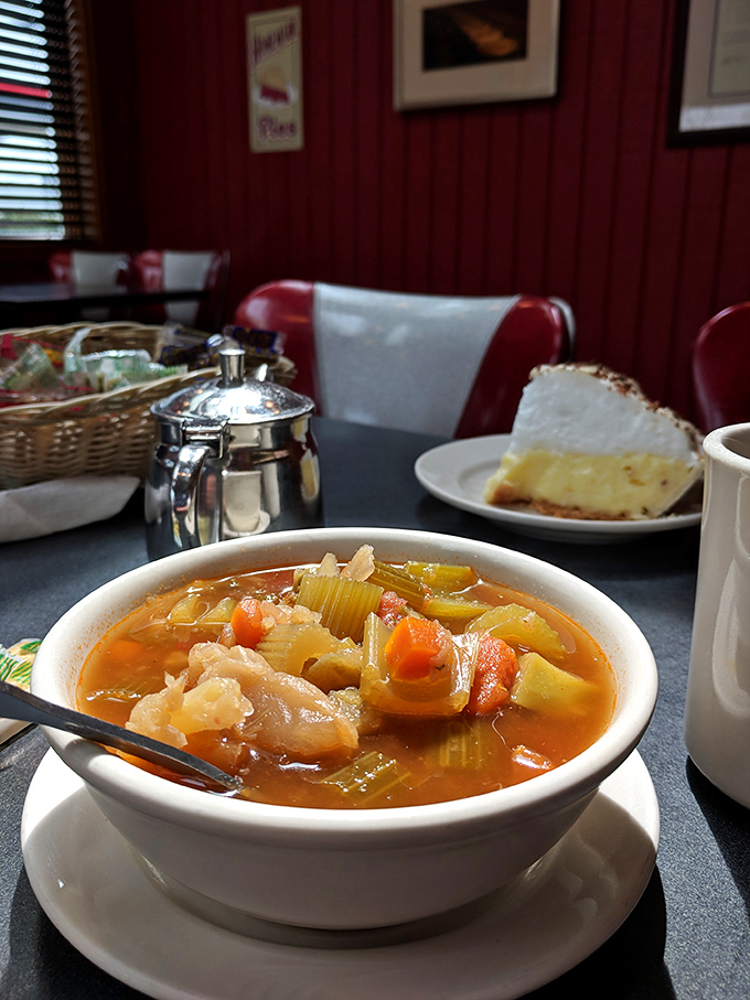 Homemade chicken soup with a slice of cream pie waiting in the wings. At Mrs. Wick's, they understand proper meal sequencing.