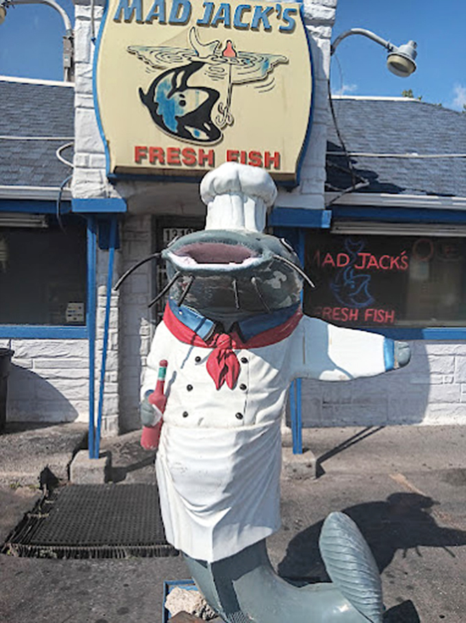 The official greeter at Mad Jack's&mdash;a fish chef statue with the kind of welcoming smile that says, "Yes, we really do have amazing seafood in Kansas."