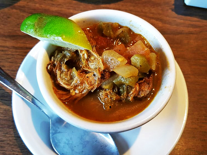 The Green Chili isn't just soup&mdash;it's a spicy, porky revelation with a lime wedge perched on top like a little citrus crown.