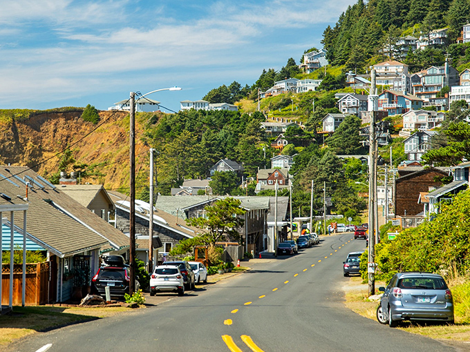 Main Street, Oceanside: where every errand comes with a side of spectacular scenery. Even the power lines look picturesque here.